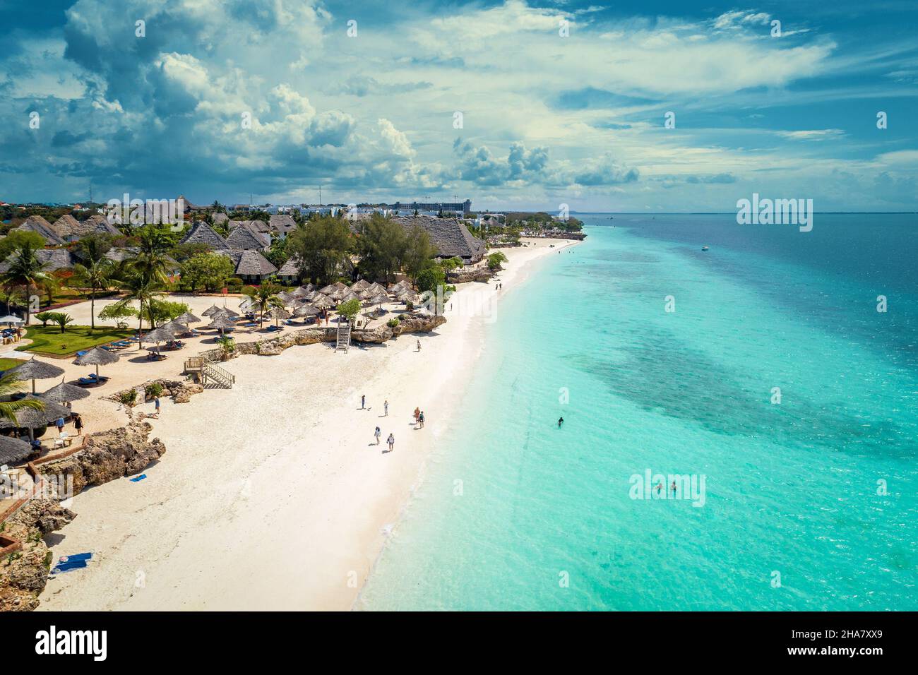 Aerial view of Nungwi beach in Zanzibar, Tanzania with luxury resort ...