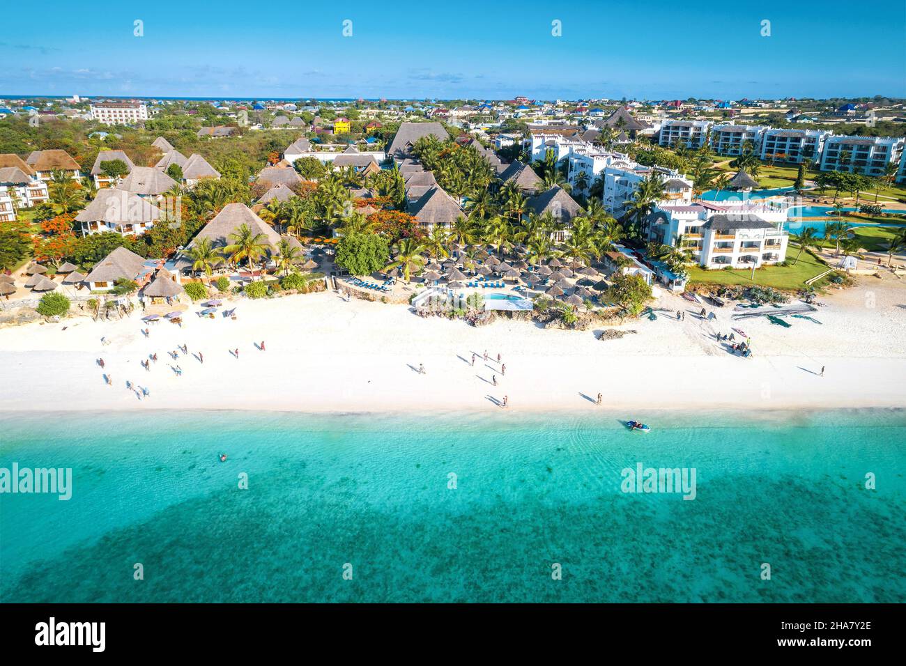 Aerial view of Nungwi beach in Zanzibar, Tanzania with luxury resort ...