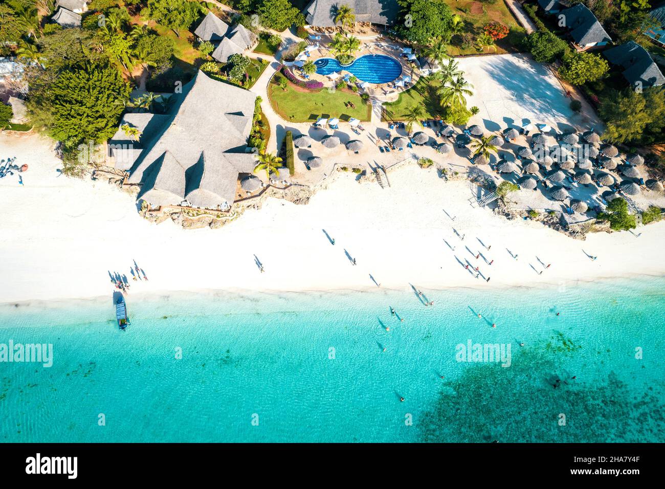 Aerial view of Nungwi beach in Zanzibar, Tanzania with luxury resort ...