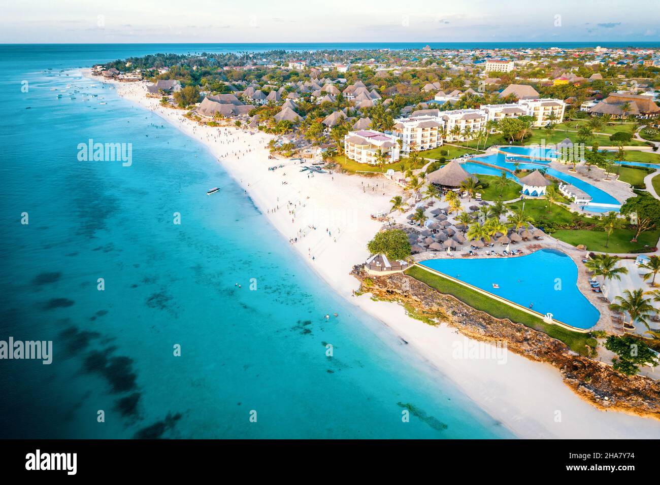 Aerial view of Nungwi beach in Zanzibar, Tanzania with luxury resort ...