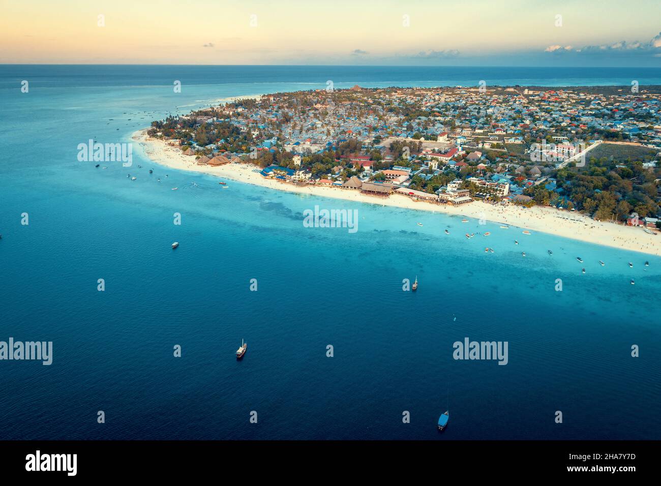 Aerial view of Nungwi beach and village in Zanzibar, Tanzania with ...
