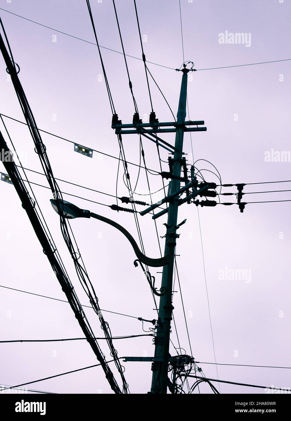 Electric pole with cables and streetlight Stock Photo - Alamy