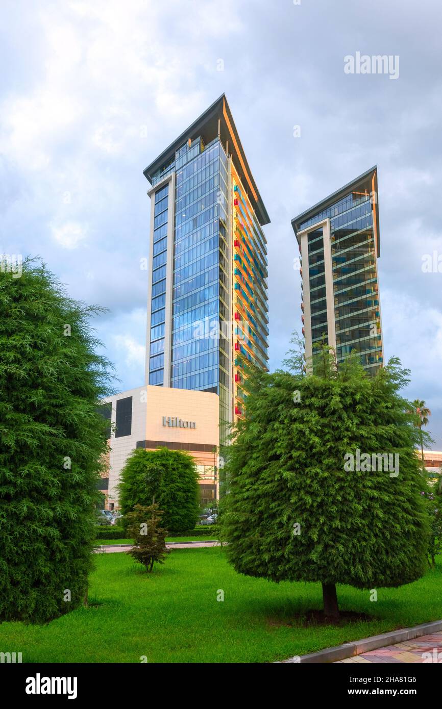 Batumi, Georgia - August 12, 2018: Two modern Hilton Hotel skyscrapers ...