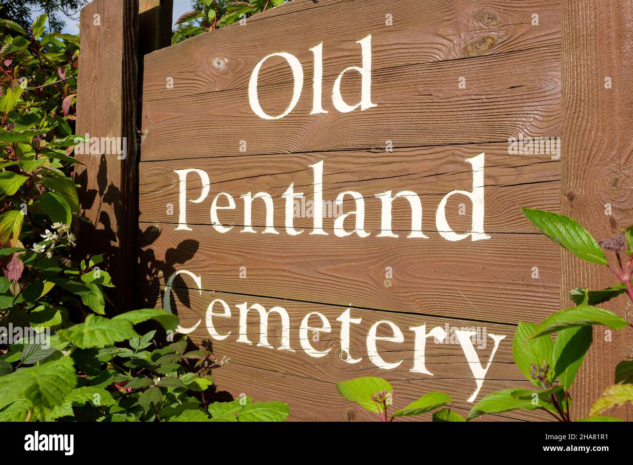 Sign at the entrance to Old Pentland Kirkyard, Midlothian, Scotland, UK ...