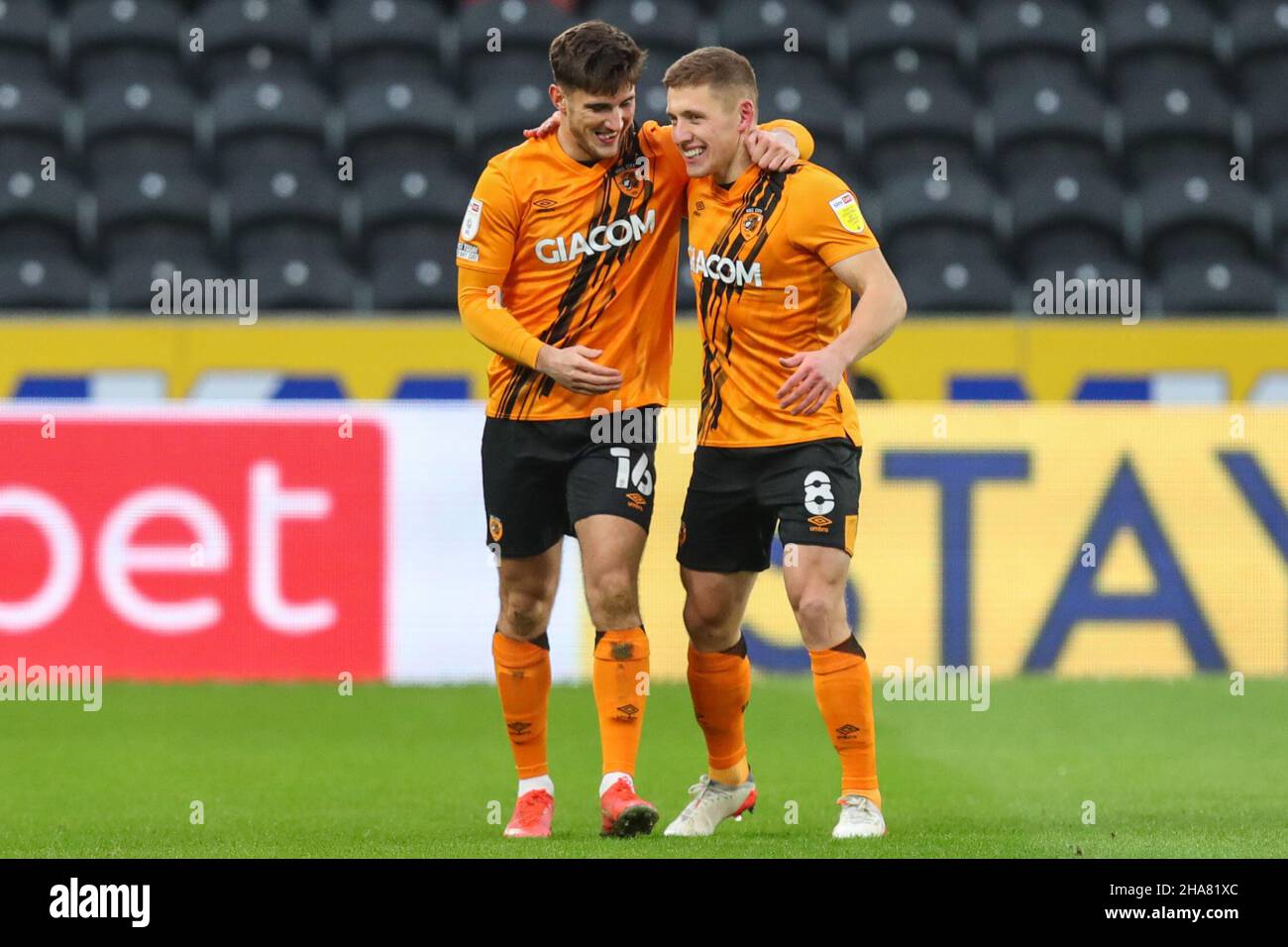 Ryan Longman #16 celebrates his goal with Greg Docherty #8 of Hull City ...