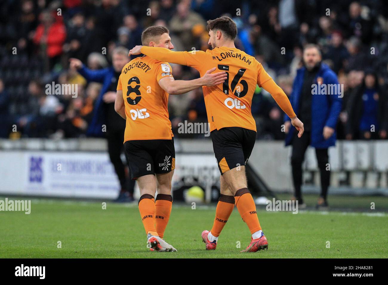 Ryan Longman #16 of Hull City celebrates his goal with Greg Docherty #8 ...