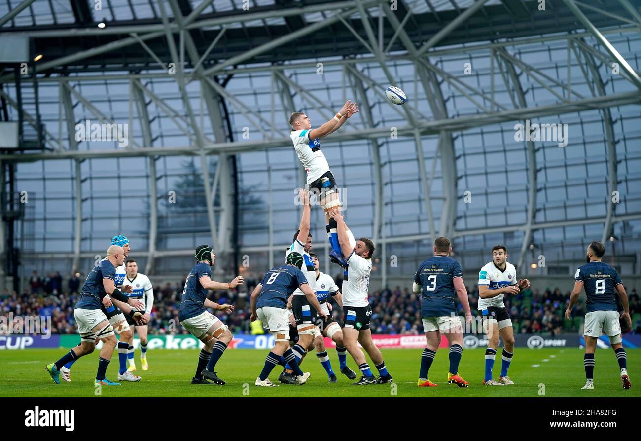 Bath Rugby's Tom Ellis wins a line out during the Heineken Champions ...