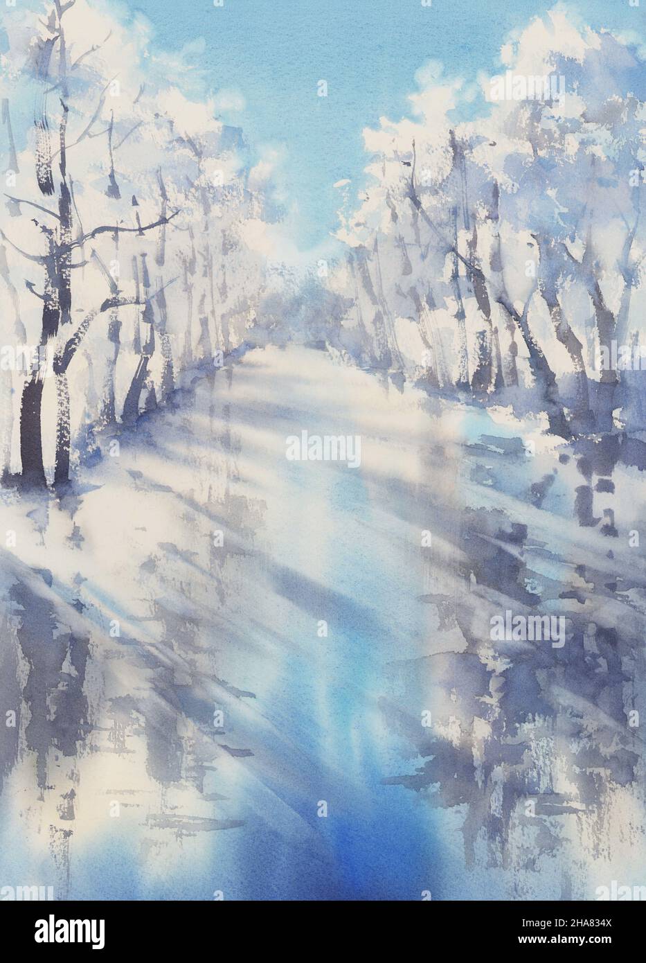 Winter frost by the river watercolor landscape Stock Photo - Alamy