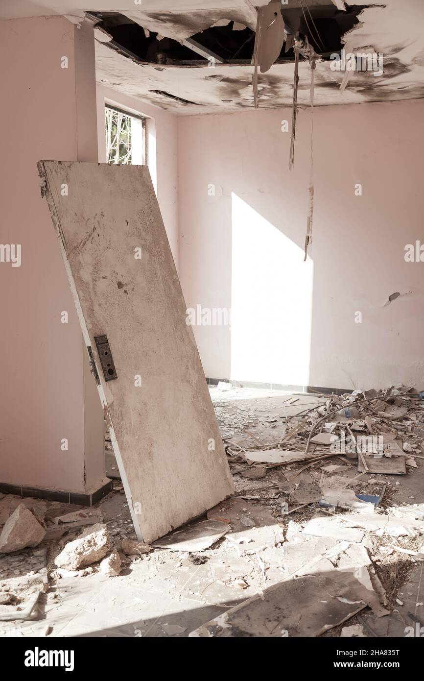 Scary empty dark corridor in an abandoned building. Shabby walls. The ...