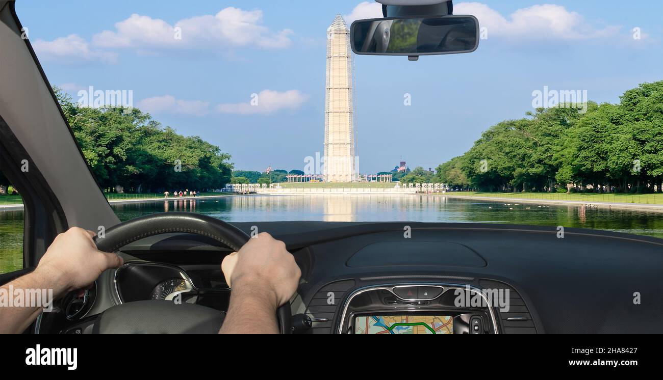 Driving a car towards the Washington Monument and Reflecting Pool ...