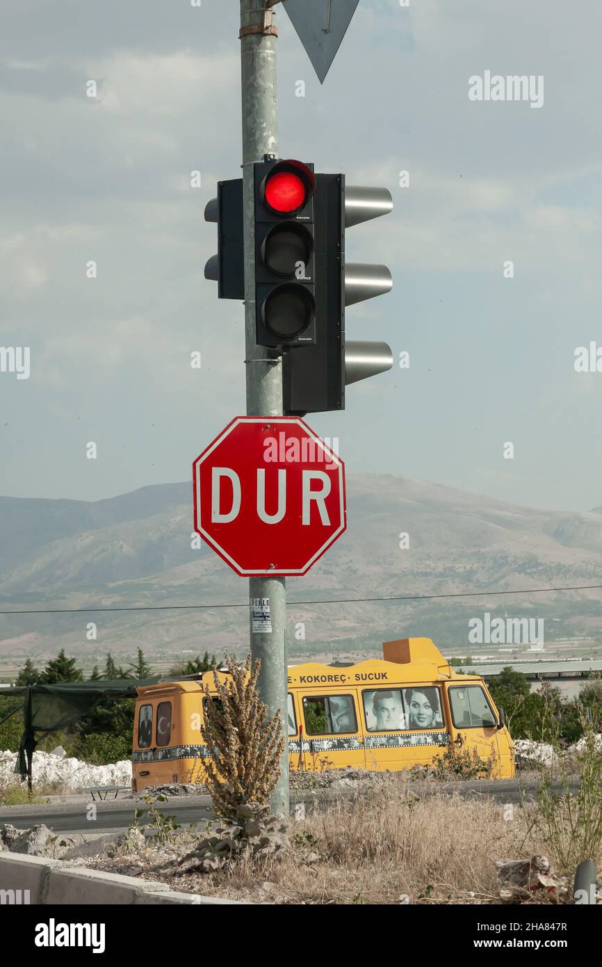 Kemer, Turkey - 08. 28. 2021: Traffic Light on red with stop sign on ...