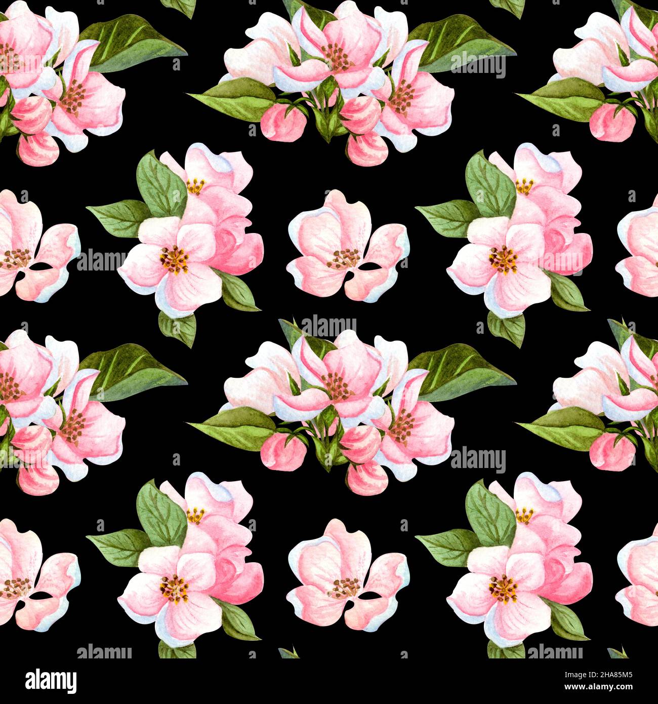 Watercolor seamless pattern of cherry flowers and leaves. Floral ...