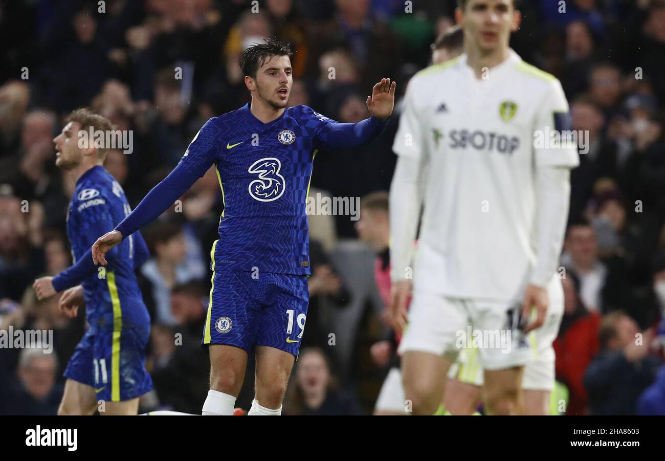London, England, 11th December 2021. Mason Mount of Chelsea celebrates ...