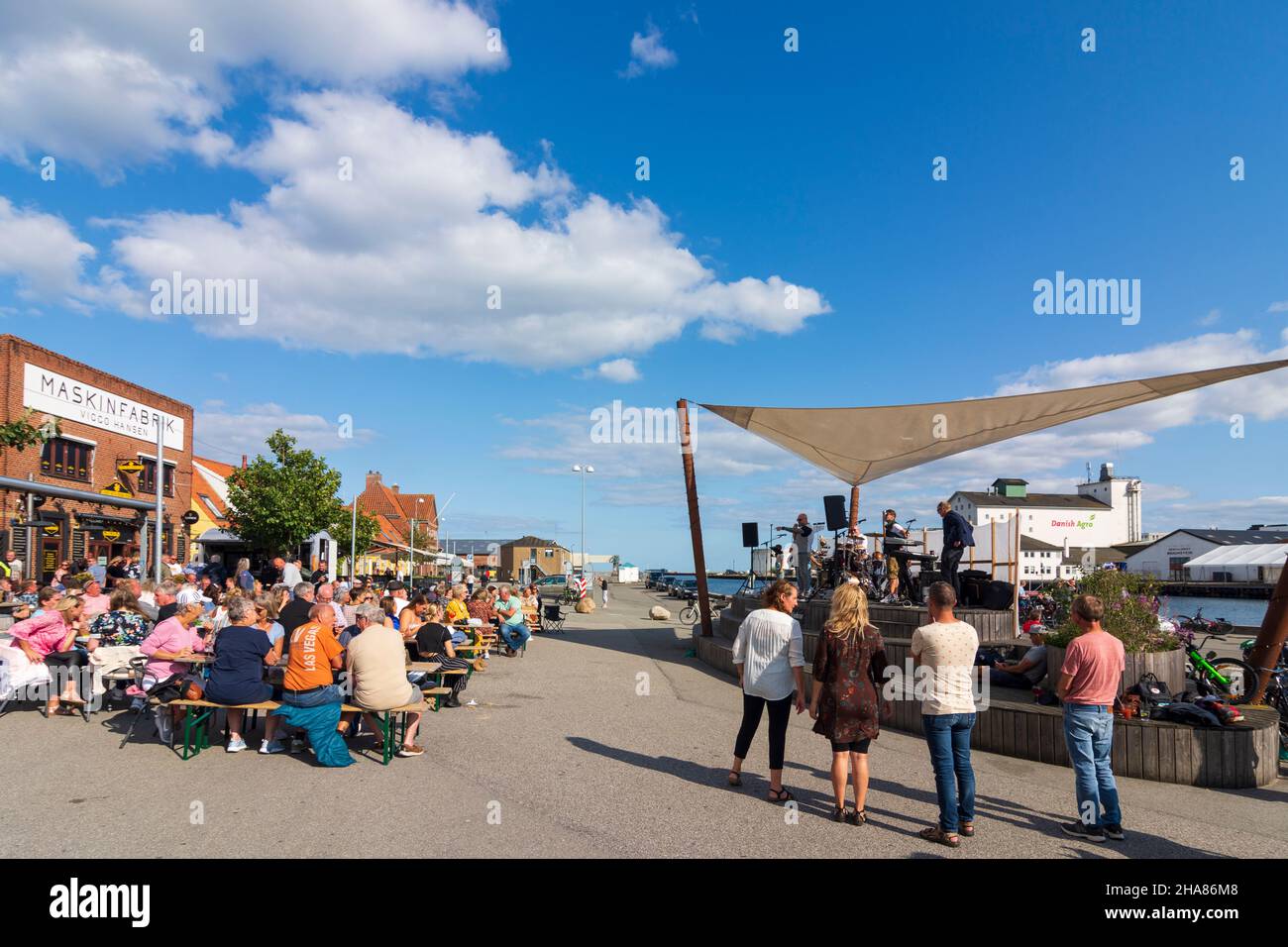 Koege: harbour, band plays music, audience, in Koege, Zealand, Sealand ...