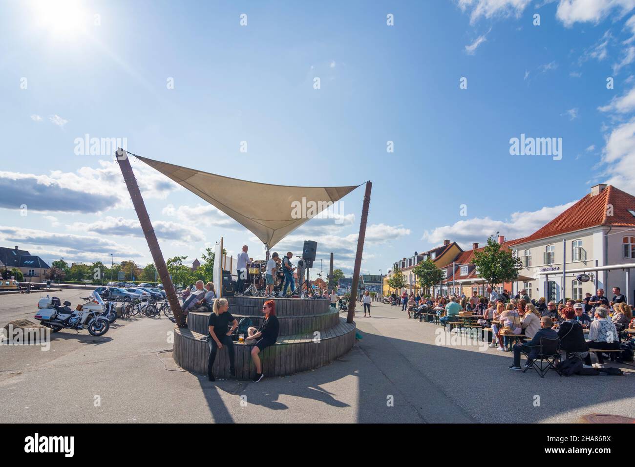Koege: harbour, band plays music, audience, in Koege, Zealand, Sealand ...