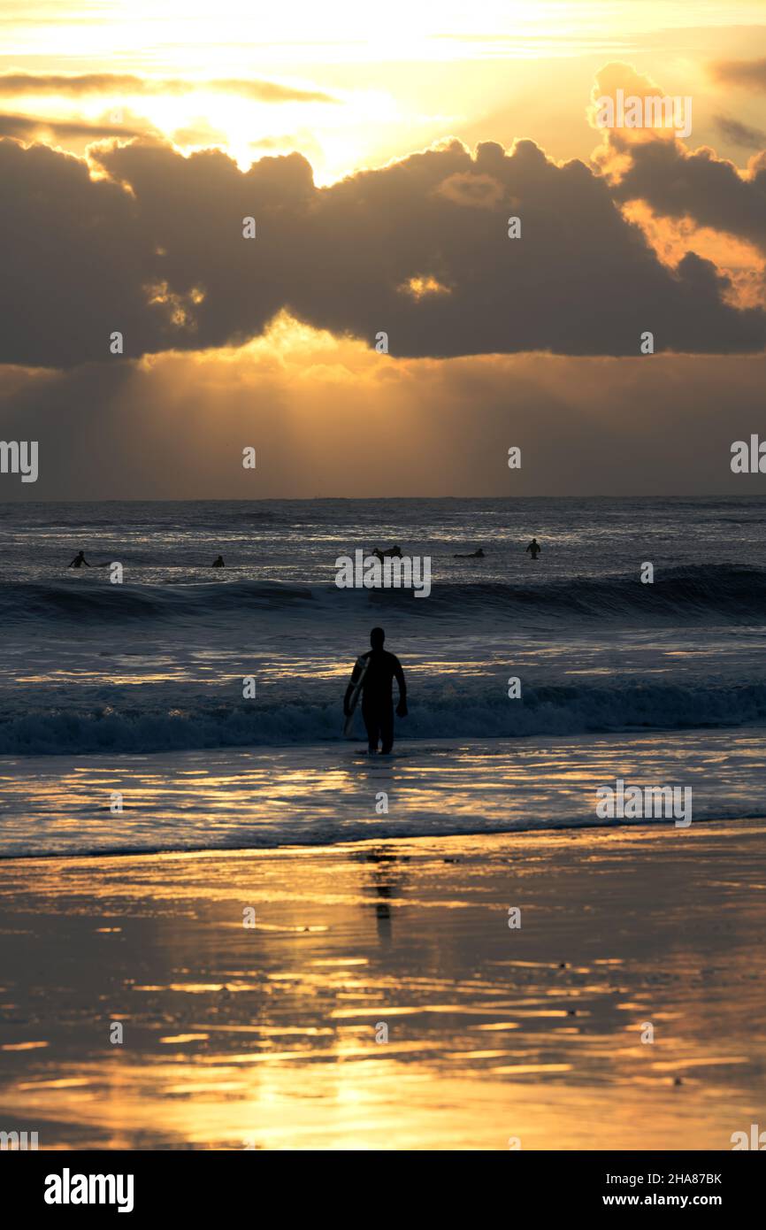A surfer wades into the surf at sunset for a last wave Stock Photo - Alamy