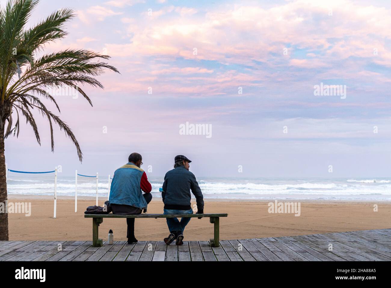 People sitting on a bench on a seashore Stock Photo - Alamy