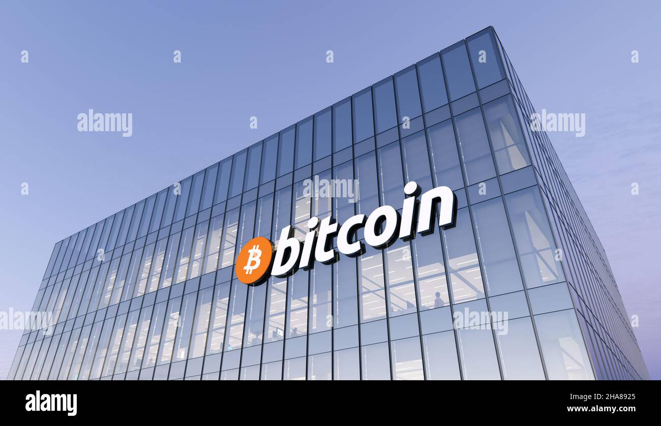 Bitcoin Signage on the Glass High Rise Building. BTC Workplace in High ...