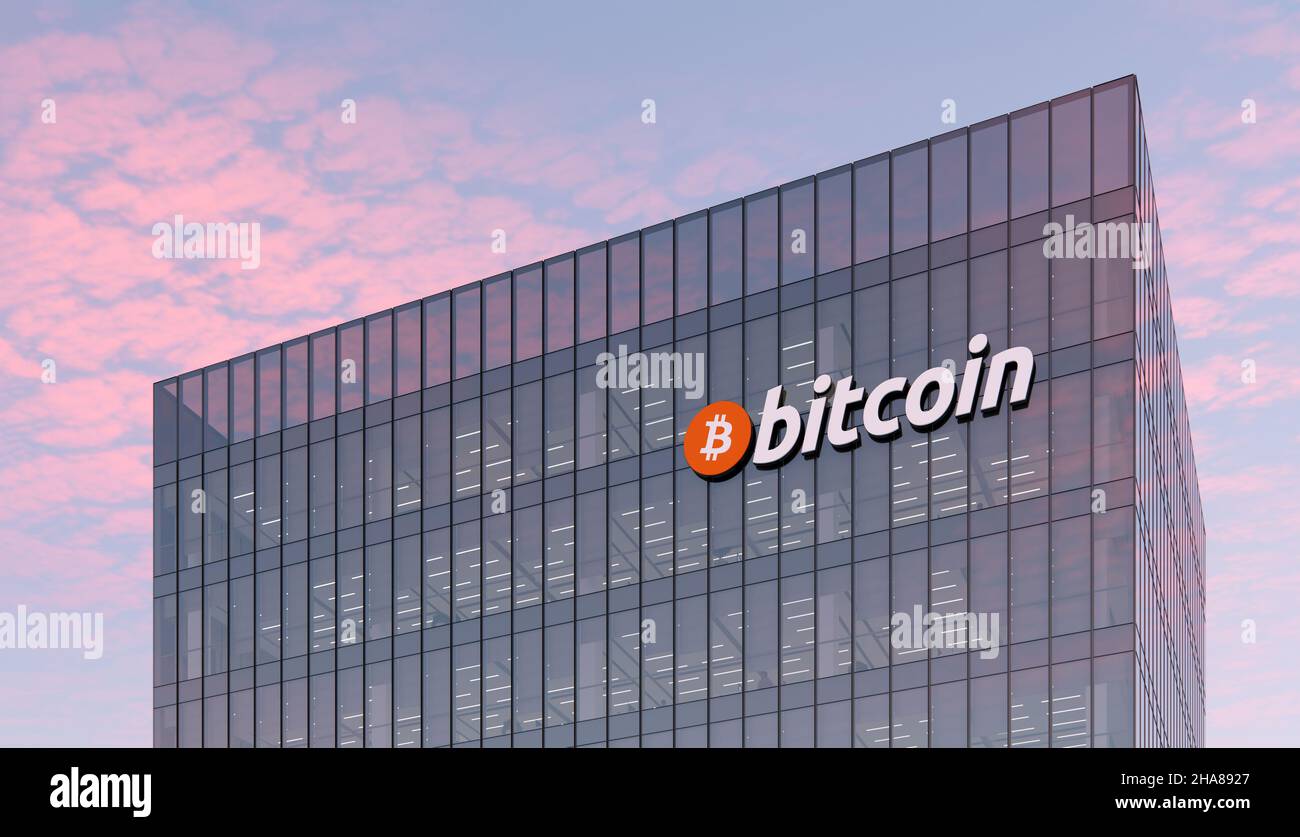 Bitcoin Signage on the Glass High Rise Building. BTC Workplace in High ...