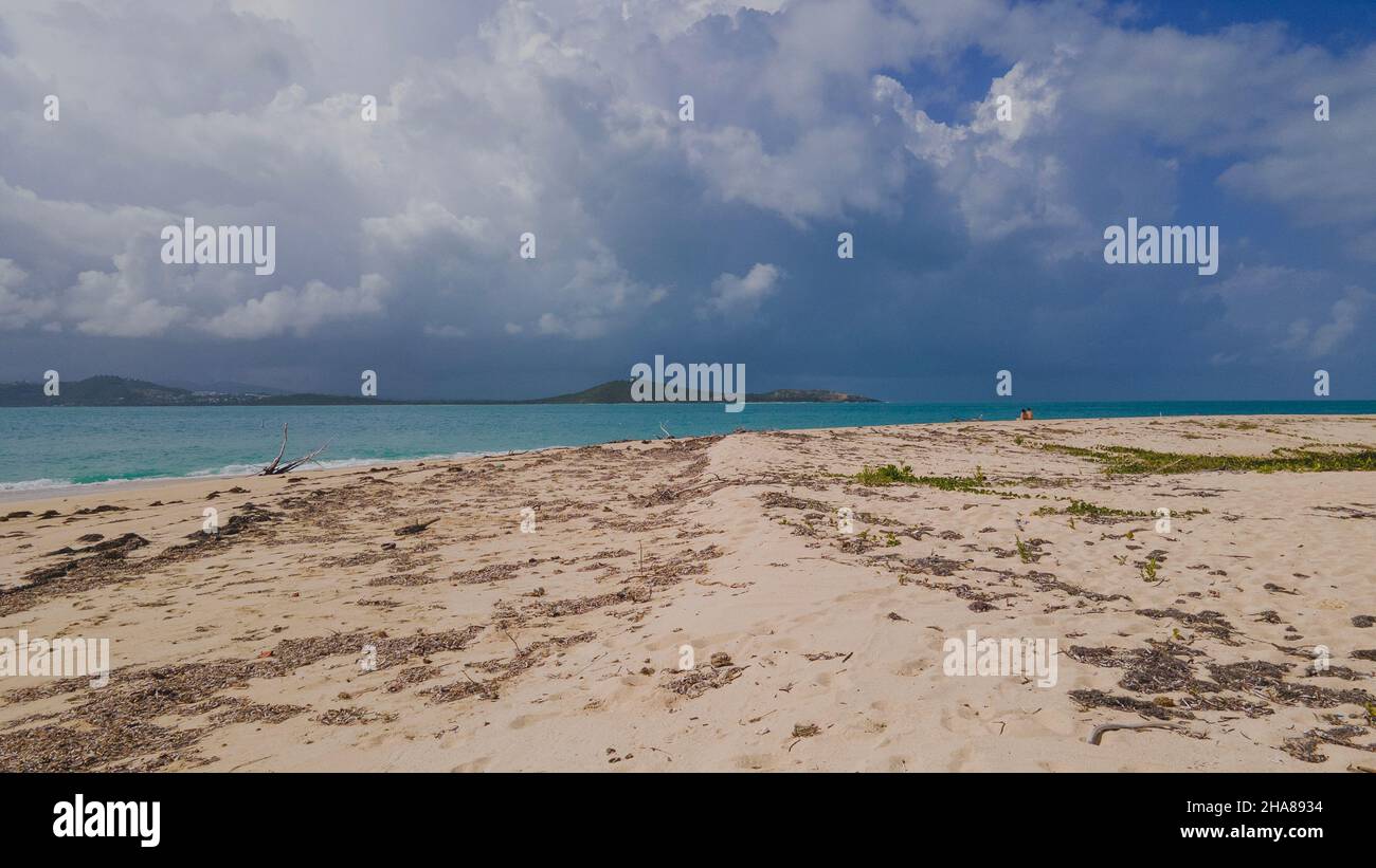 Aerial drone view of a beach in isolated Cayo Icacos Puerto Rico island ...