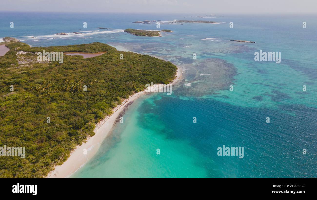 Aerial drone view of a beach in isolated Cayo Icacos Puerto Rico island ...