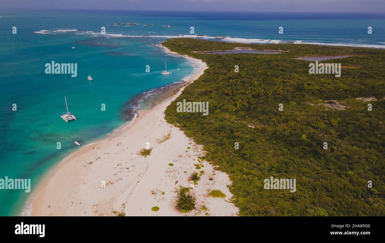 Aerial drone view of a beach in isolated Cayo Icacos Puerto Rico island ...