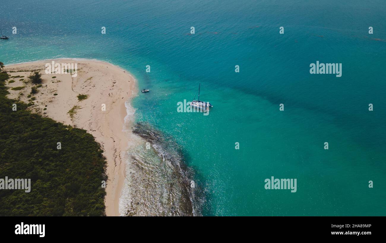 Aerial drone view of a beach in isolated Cayo Icacos Puerto Rico island ...