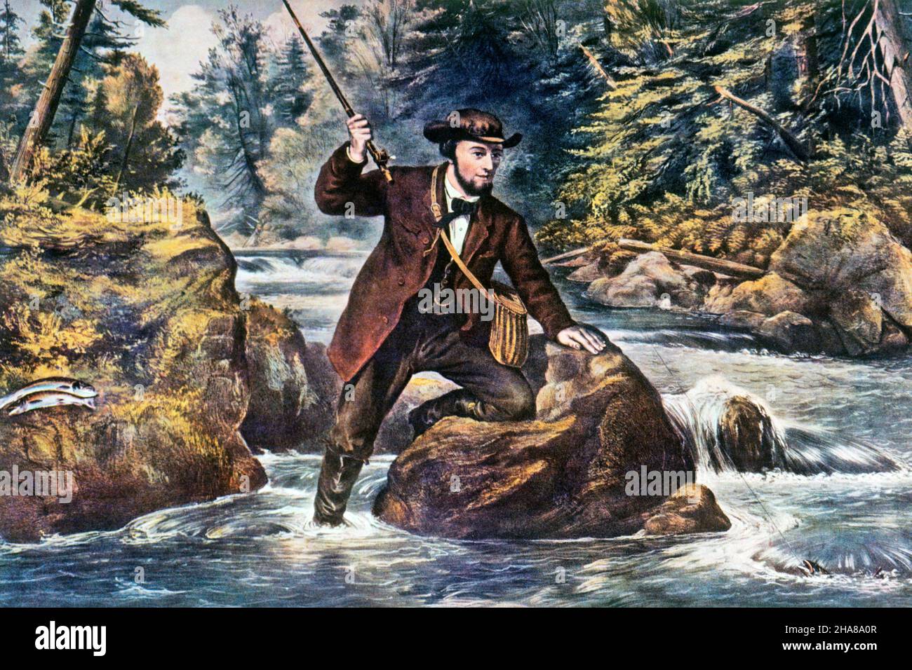 1860s BROOK TROUT FISHING AN ANXIOUS MOMENT CURRIER & IVES LITHOGRAPH ...