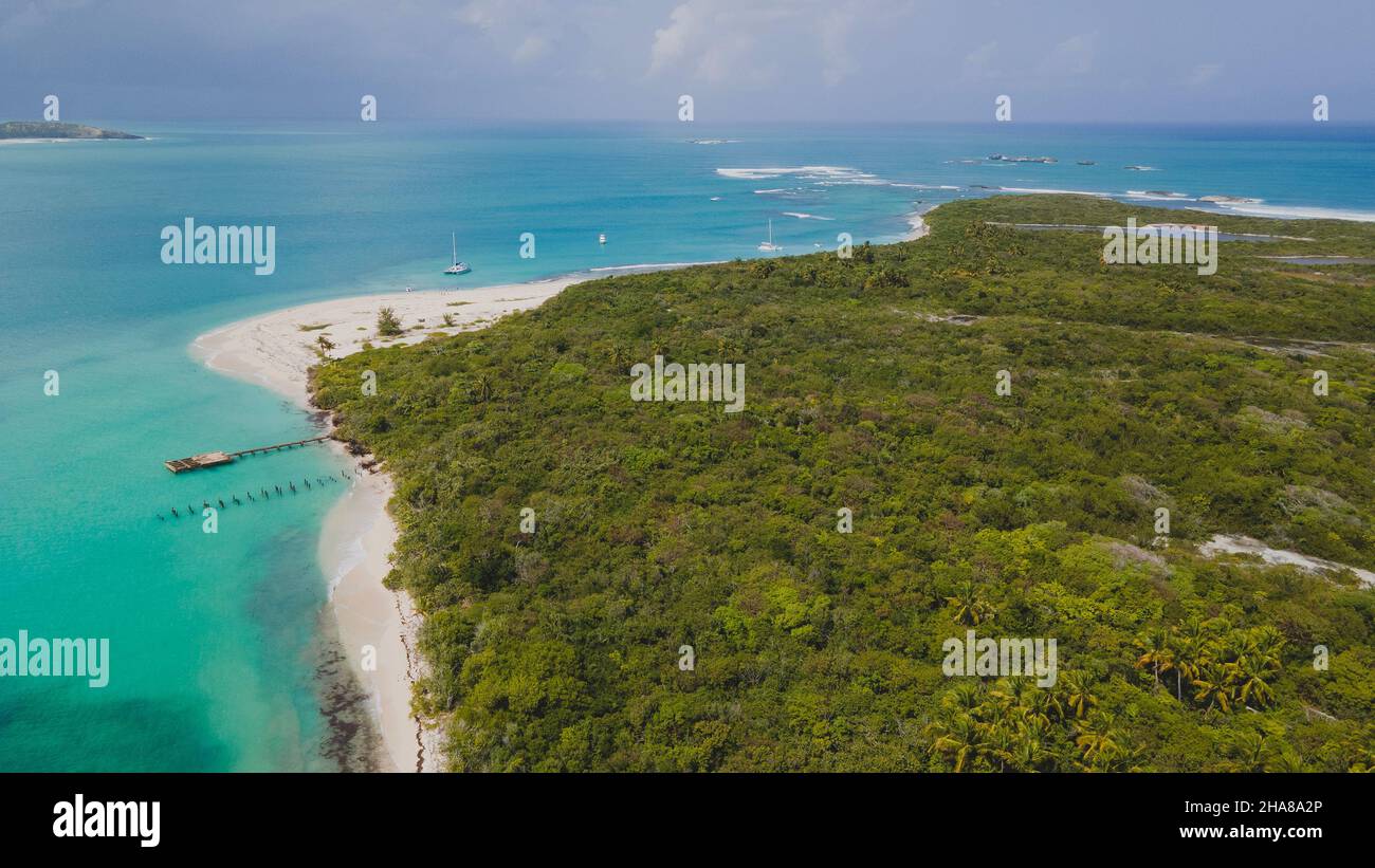 Aerial drone view of a beach in isolated Cayo Icacos Puerto Rico island ...