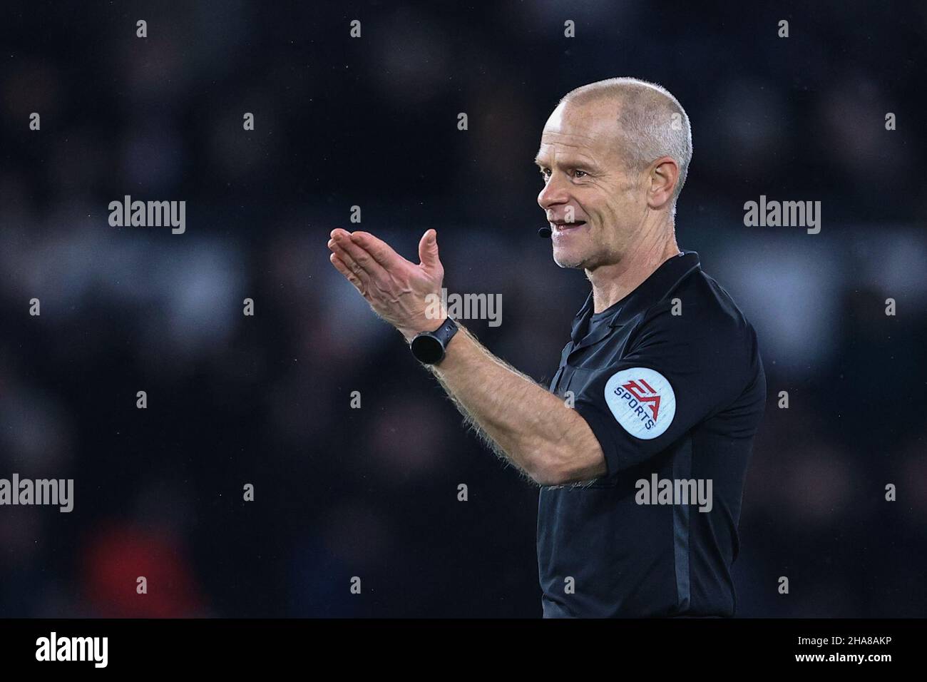 Referee Andy Woolmer pulls Jerry Yates #9 of Blackpool foe offside ...