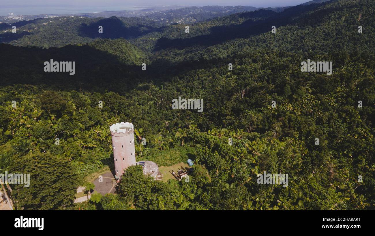 aerial view of Yokahu Tower in El Yunque forest Puerto Rico . High ...