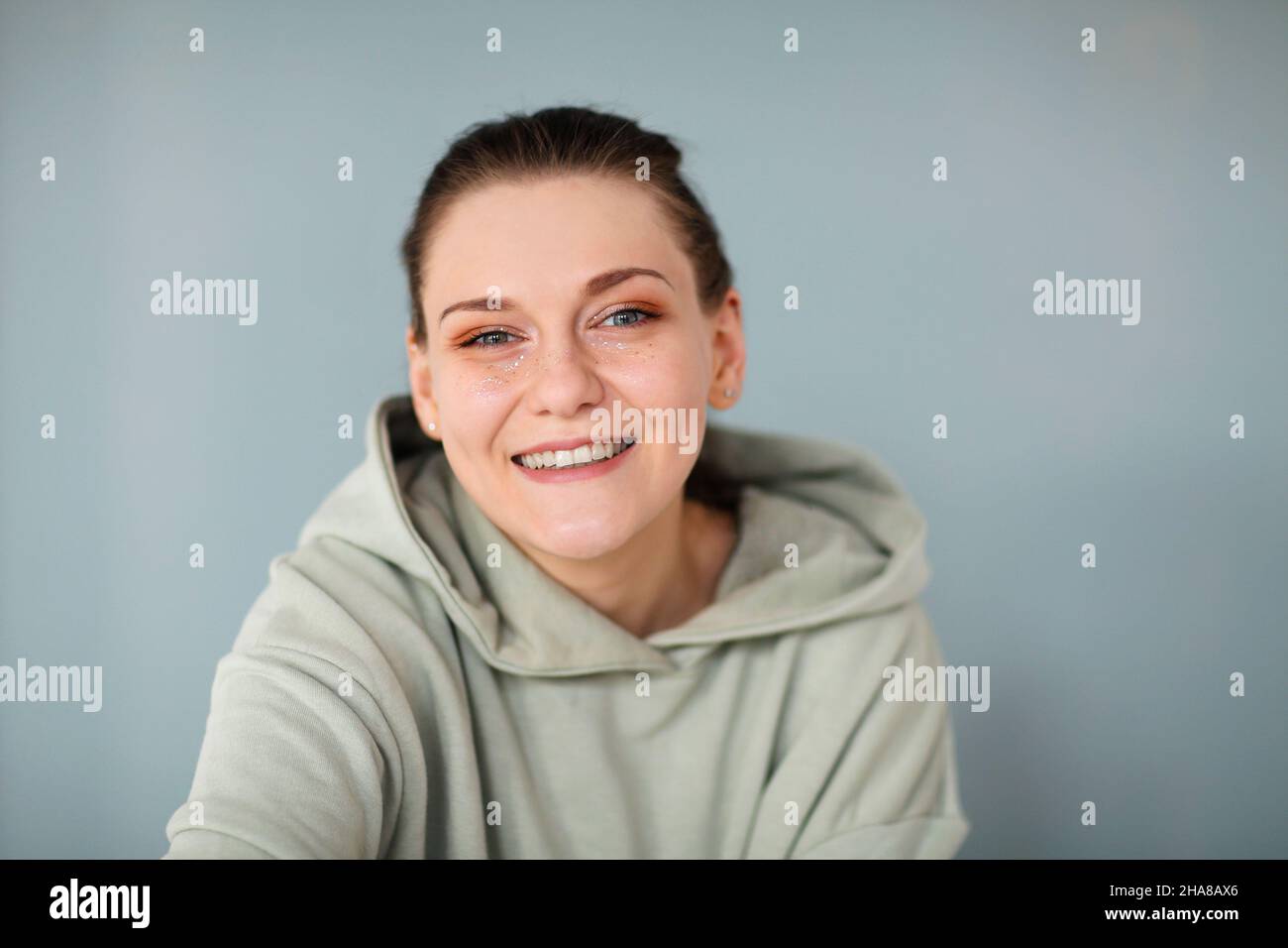 Beautiful portrait of young happy cheerful 30s woman in casual ...