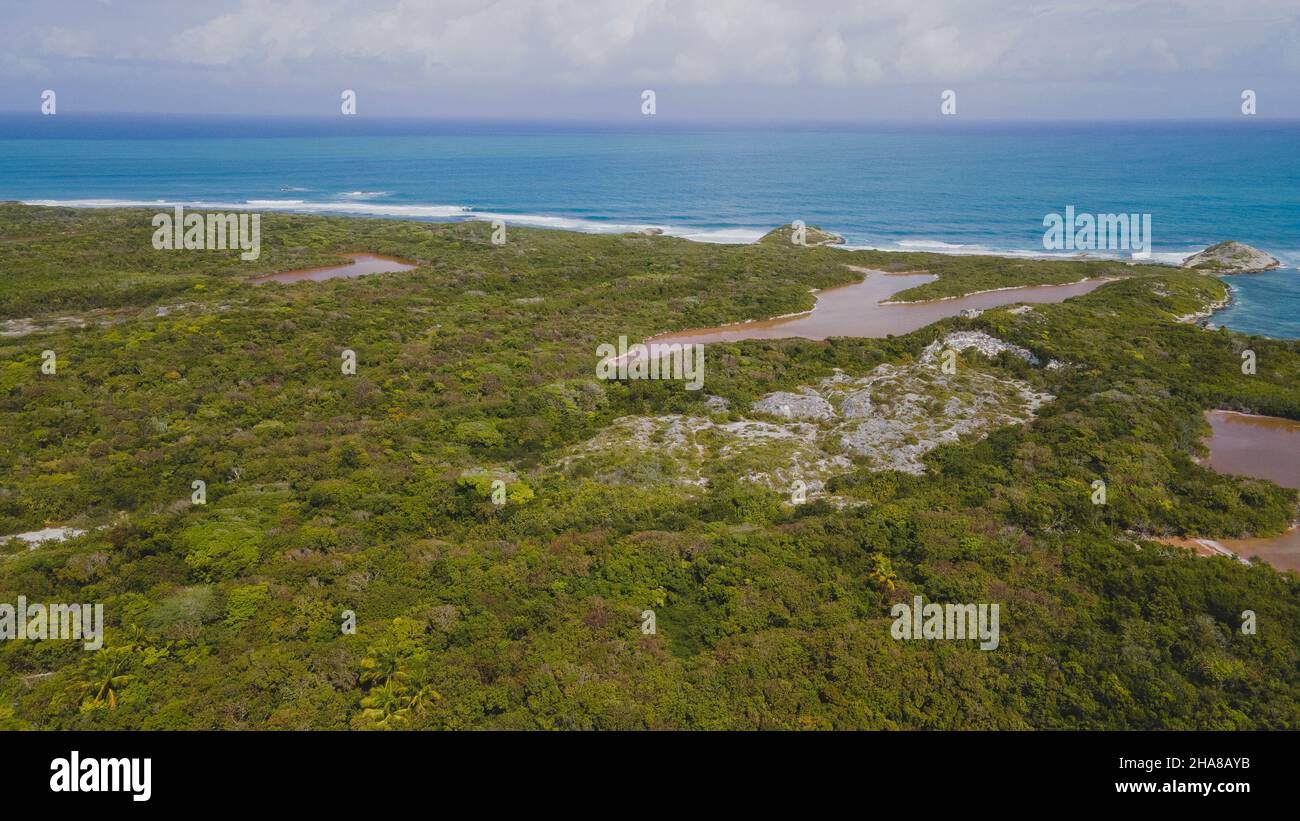 Aerial drone view of a beach in isolated Cayo Icacos Puerto Rico island ...