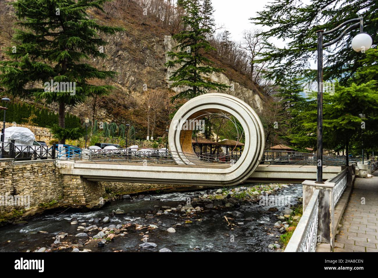 City resort with mineral water springs Borjomi with spiral bridge Stock ...