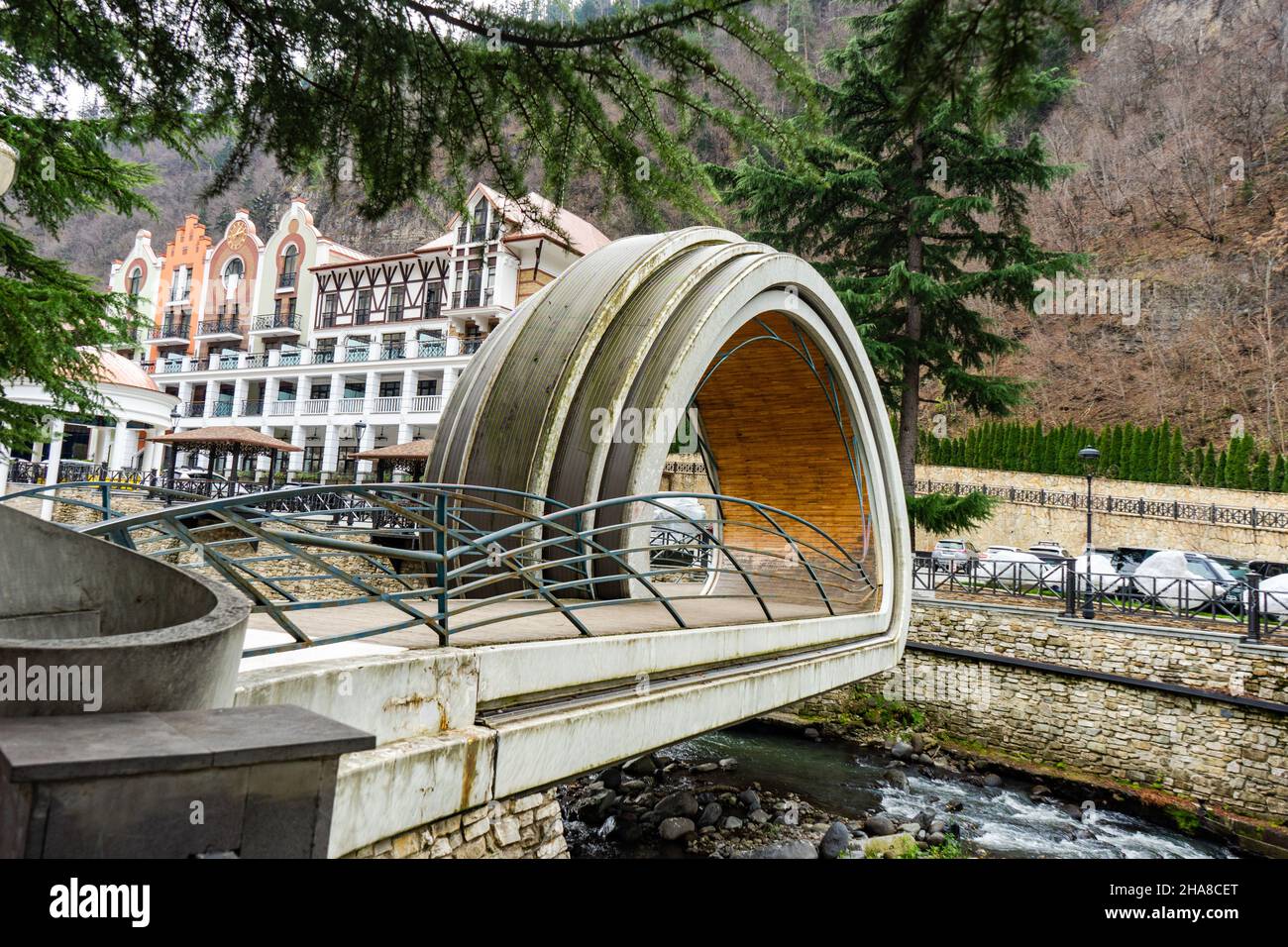 City resort with mineral water springs Borjomi with spiral bridge Stock ...