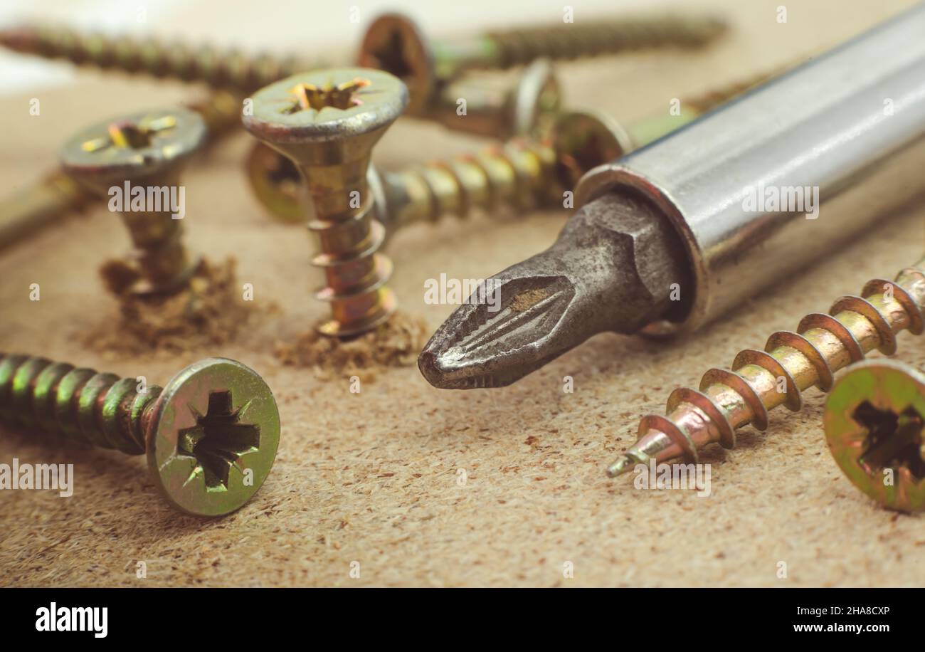 Screw. The screws are scattered over the wooden surface in a close-up ...