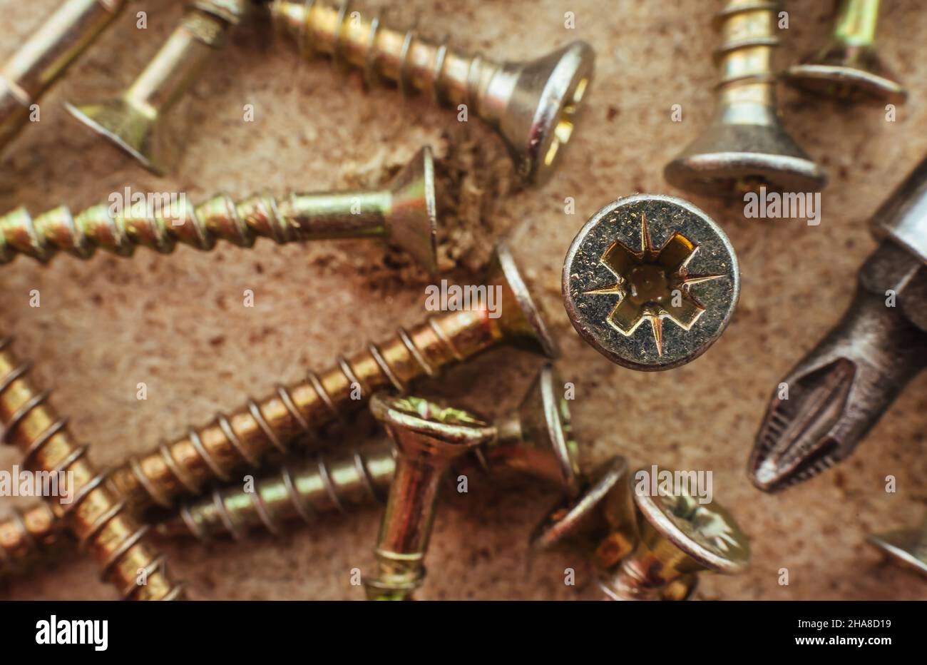 Screw. The screws are scattered over the wooden surface in a close-up ...
