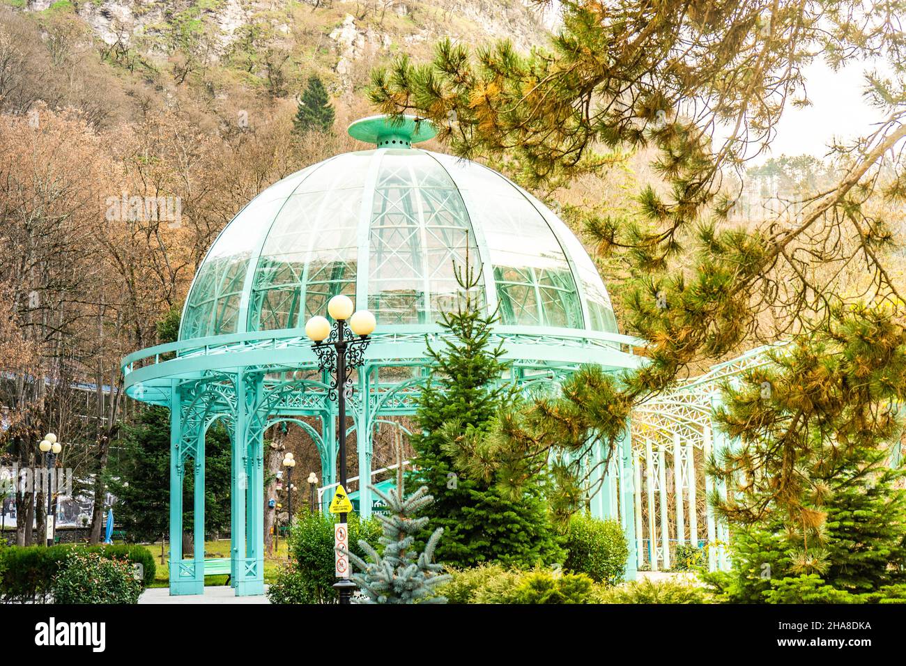 Famous mineral water spring fountain in city park of Borjomi in the ...
