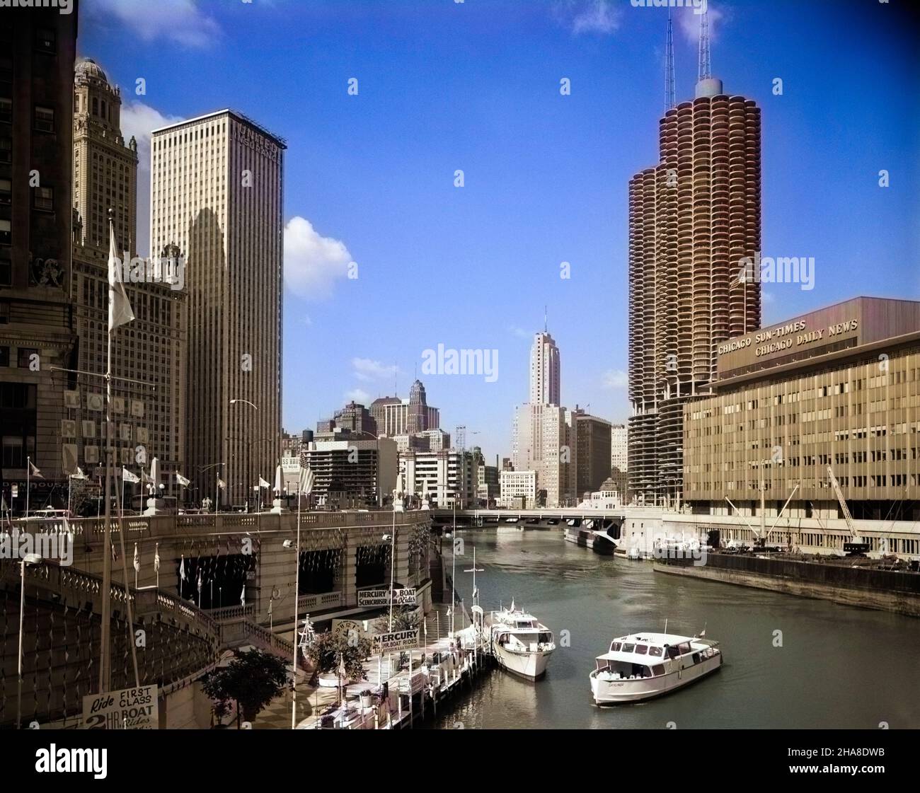 1960s CHICAGO RIVER FROM MICHIGAN AVENUE SUN TIMES BUILDING ON RIGHT ...