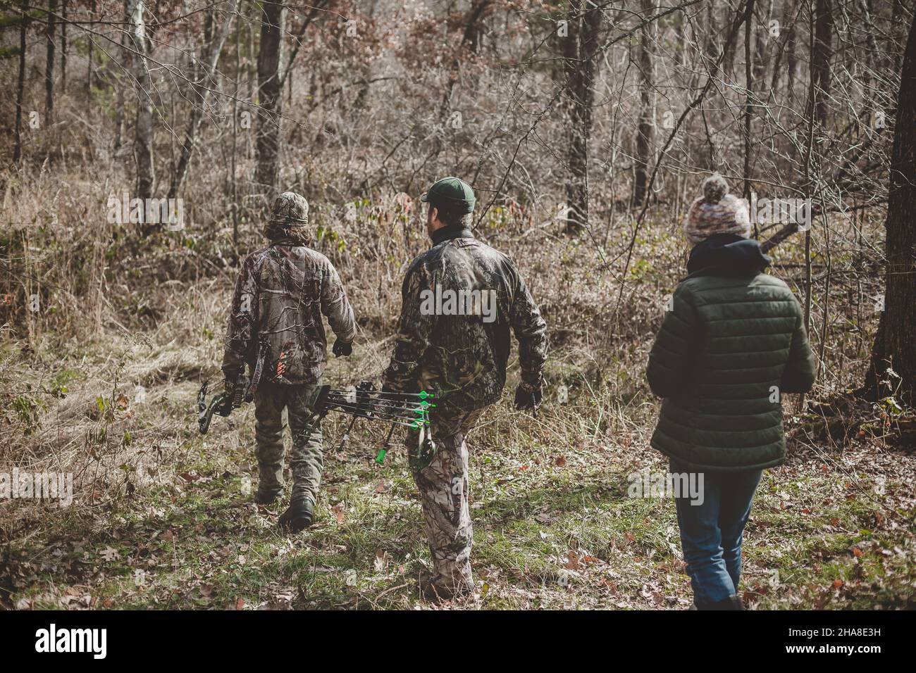 Father and his two teens walking into woods to track deer Stock Photo ...