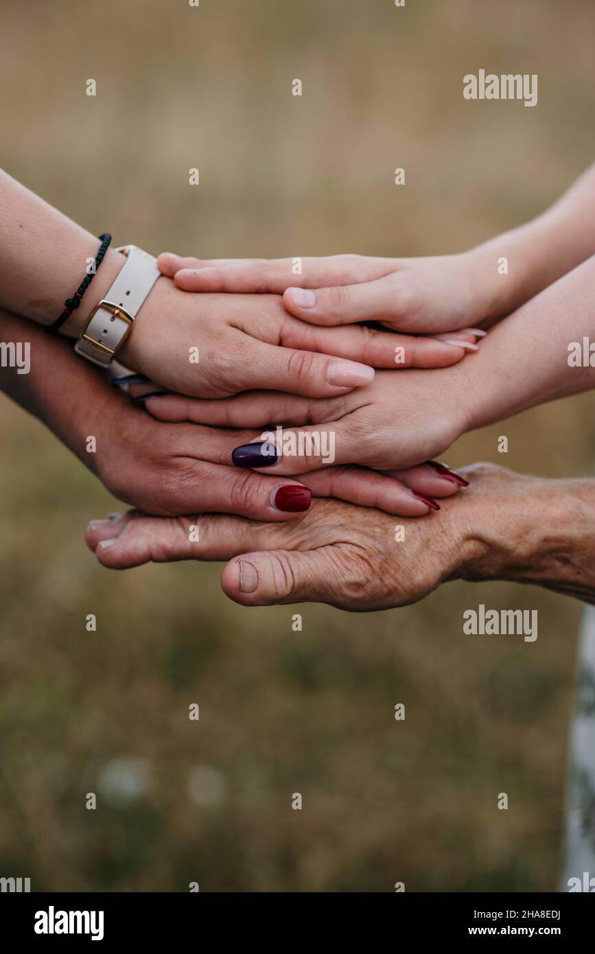 Closeup shot of women's hands from different generations together Stock ...