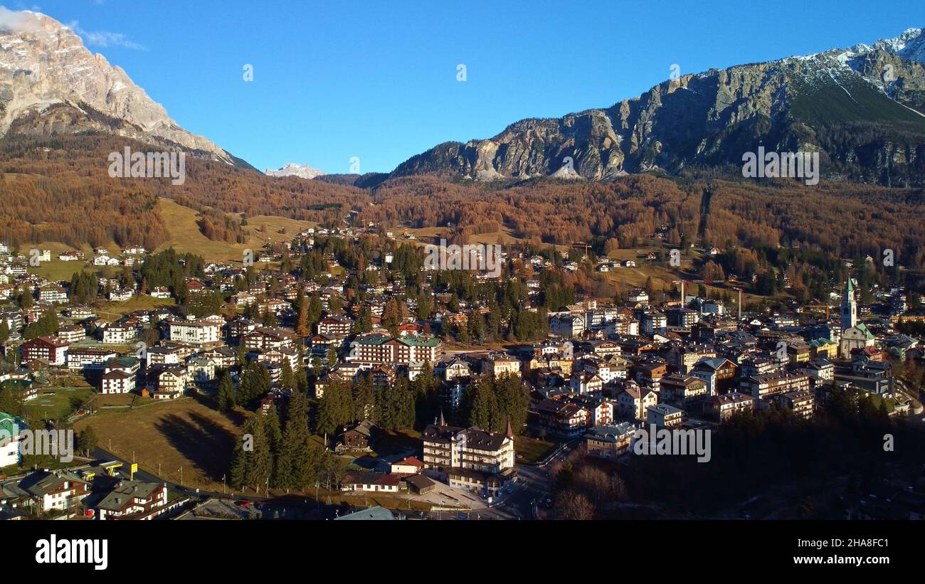 City of Cortina d Ampezzo in the Dolomites Italian Alps - aerial view ...
