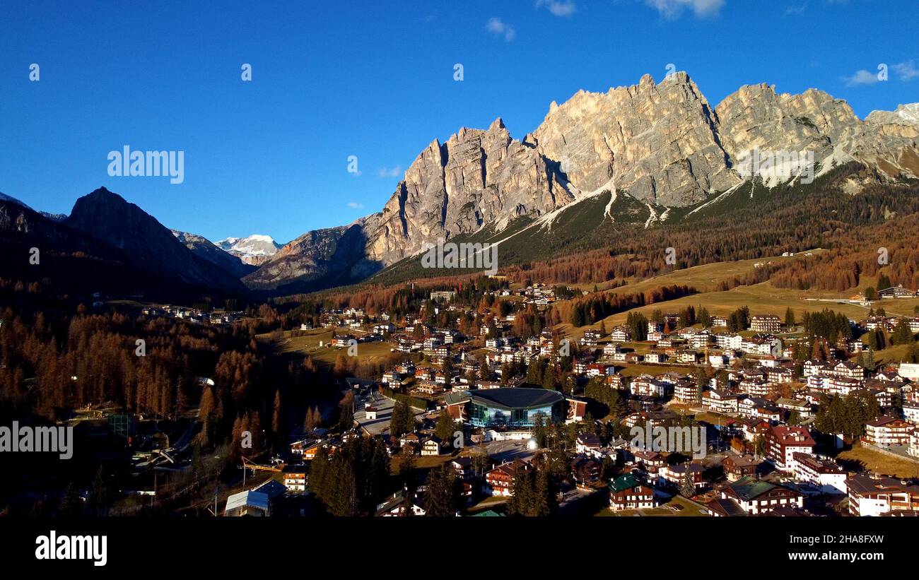 Cortina d Ampezzo in the Dolomites Italian Alps - aerial view Stock ...