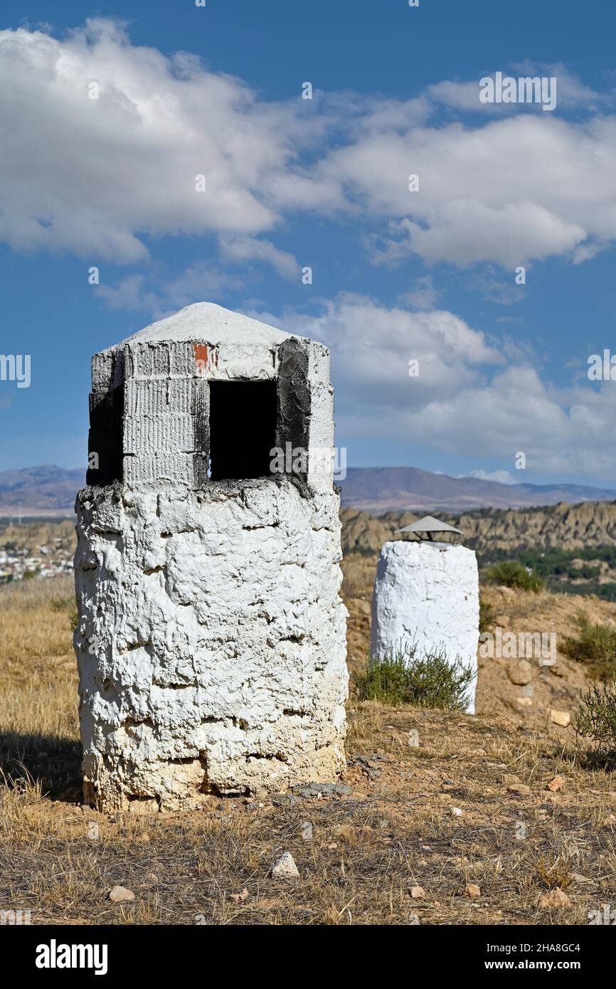 White chimneys, cave dwellings in the province of Granada Stock Photo ...