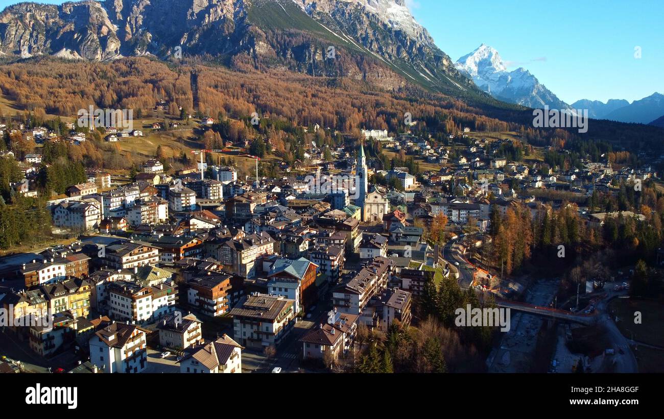 Cortina d Ampezzo in the Dolomites Italian Alps - aerial view Stock ...