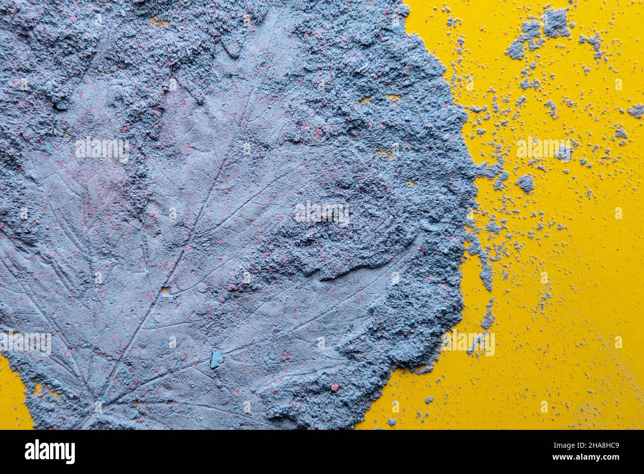 Leaf print on bright blue powder with red granules, on a yellow ...