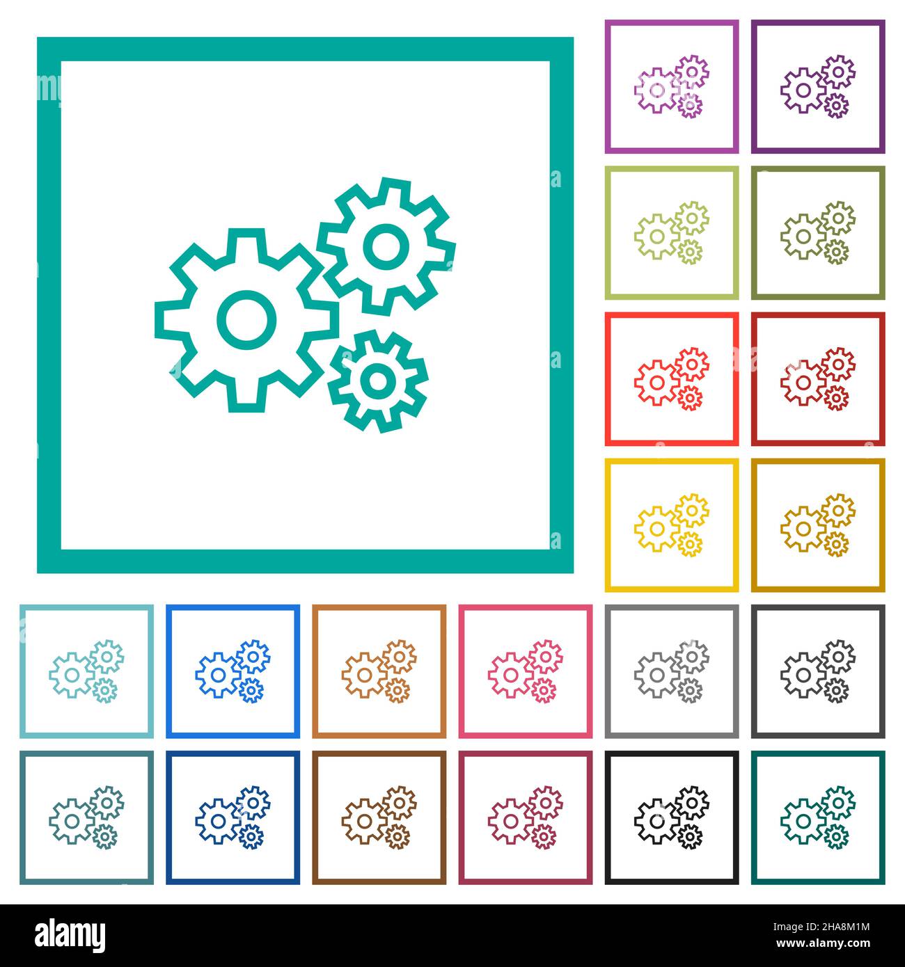 Gears flat color icons with quadrant frames on white background Stock ...
