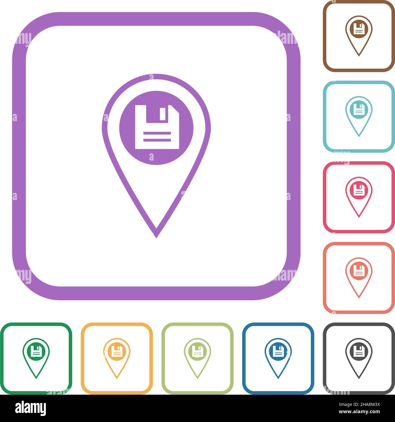 Save GPS location simple icons in color rounded square frames on white ...