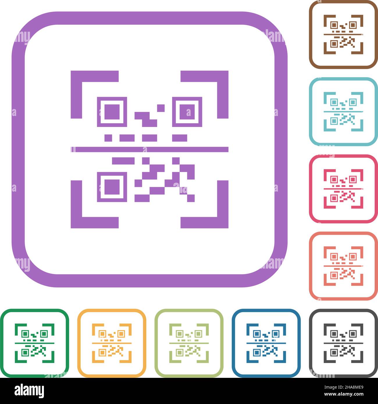 QR code scanning simple icons in color rounded square frames on white ...