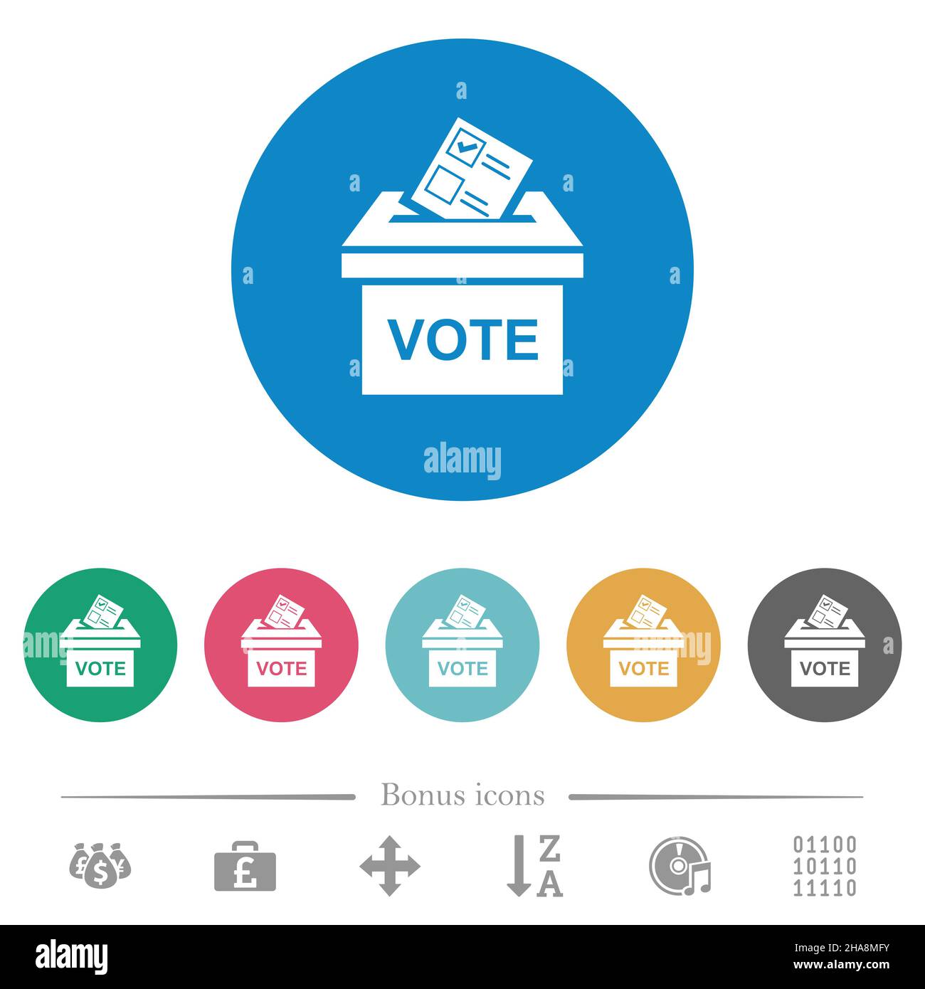 Voting paper and ballot box solid flat white icons on round color ...